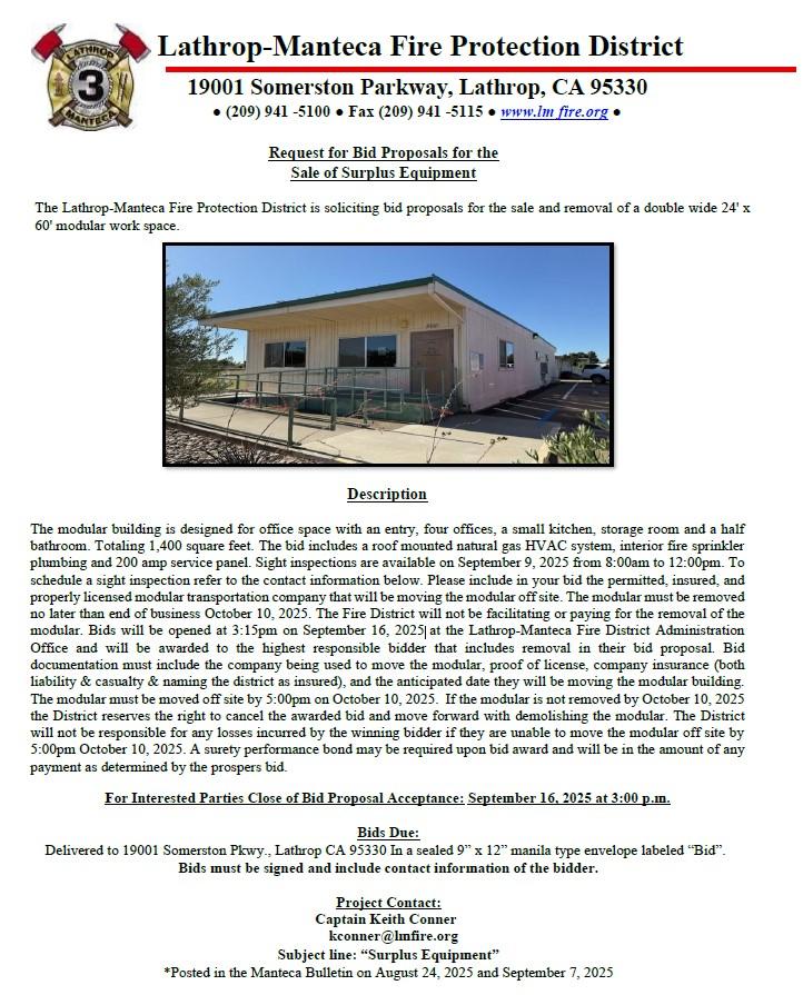 Request for Bid Purchase of Surplus Building | Lathrop Manteca Fire ...